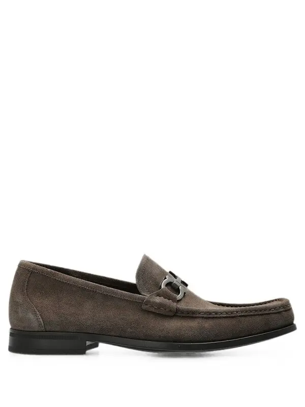 FERRAGAMO Suede Loafers With Gancini Ornament - Grey