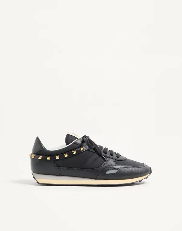 Valentino Garavani Stud Up Leather And Nylon Sneakers - Black