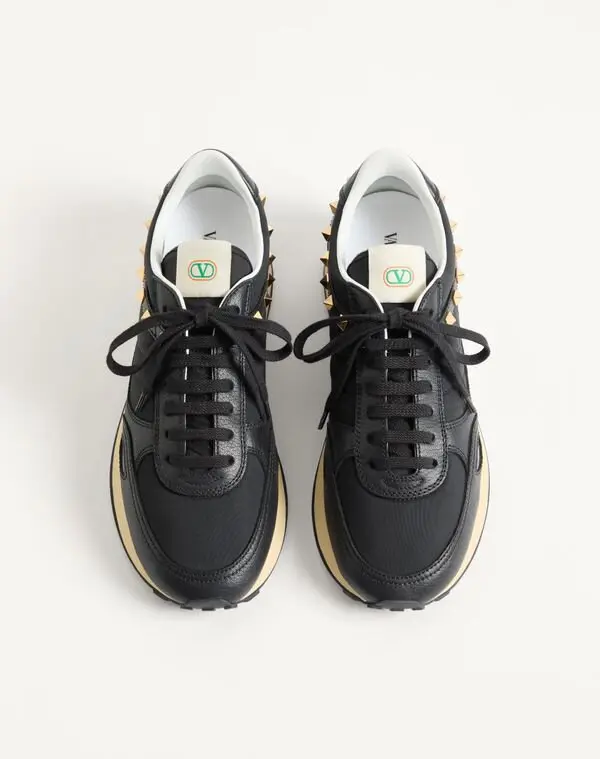 Valentino Garavani Stud Up Leather And Nylon Sneakers - Black