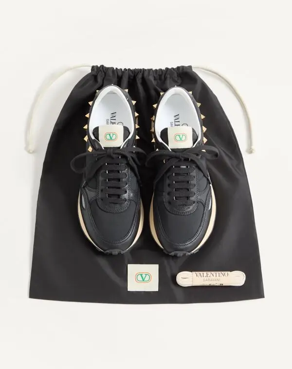 Valentino Garavani Stud Up Leather And Nylon Sneakers - Black