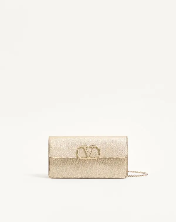Valentino Garavani Vlogo Signature Laminated Grainy Calfskin Wallet With Chain - Platinum