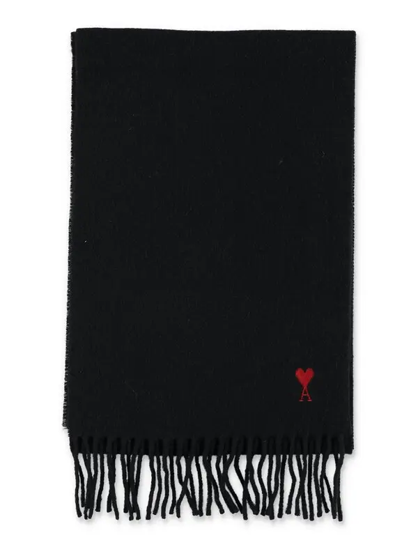 AMI Paris Wool Fringe Scarf With Embroidered Heart Logo - Nero