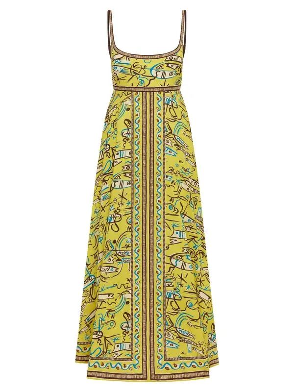 ALEMAIS Printed Linen Midi Dress - Giallo