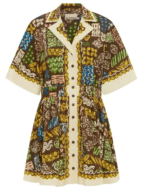 ALEMAIS Camp Collar Smocked Waist Mini Dress - Marrone