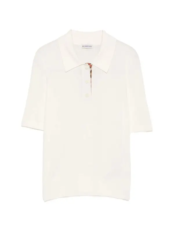 Burberry Wool Knit Button Placket Polo With Check Detail - Bianco