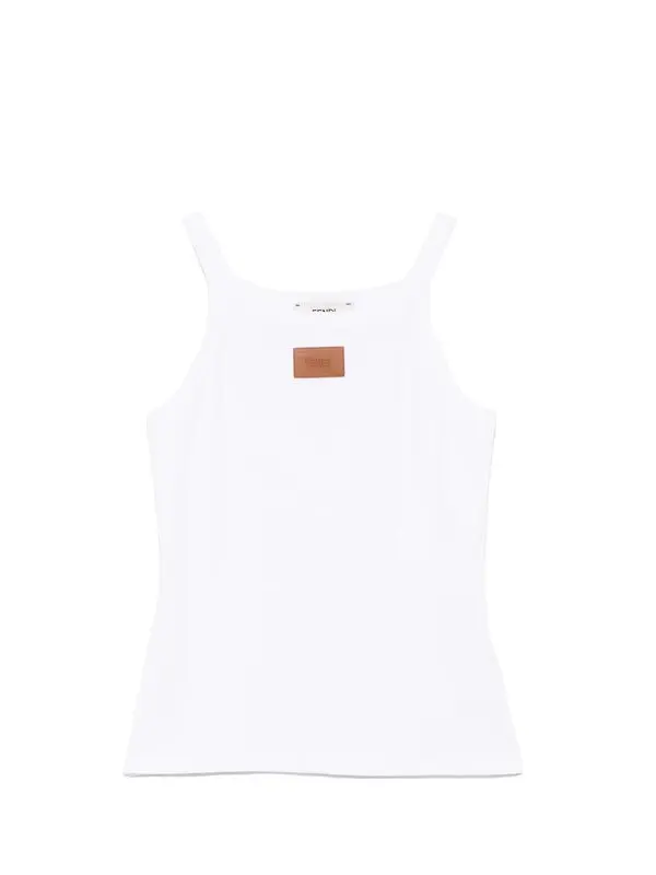 Fendi Ribbed Sleeveless Top With Leather Patch - Bianco