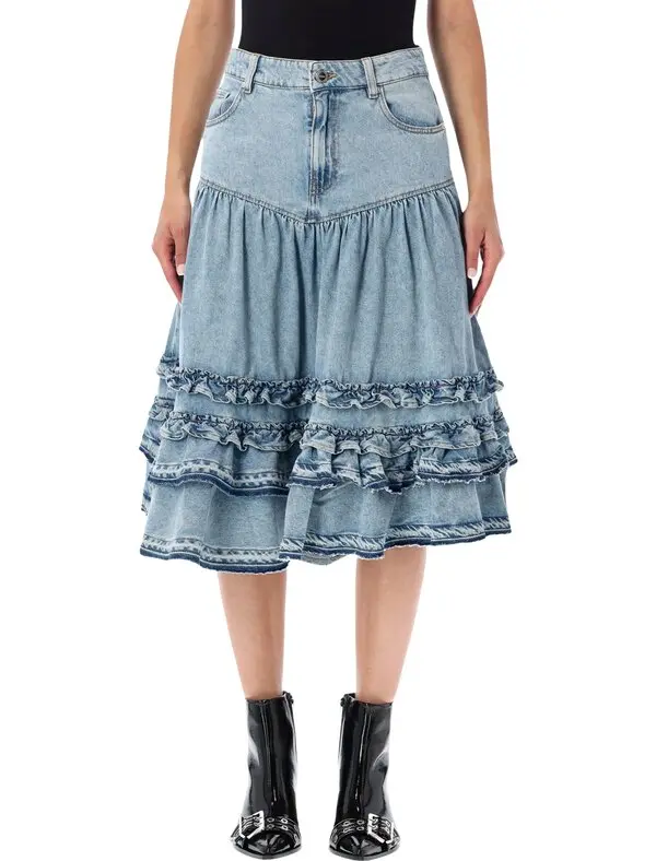 GANNI Ruffled Denim Midi Skirt With Tie Detail - Blu