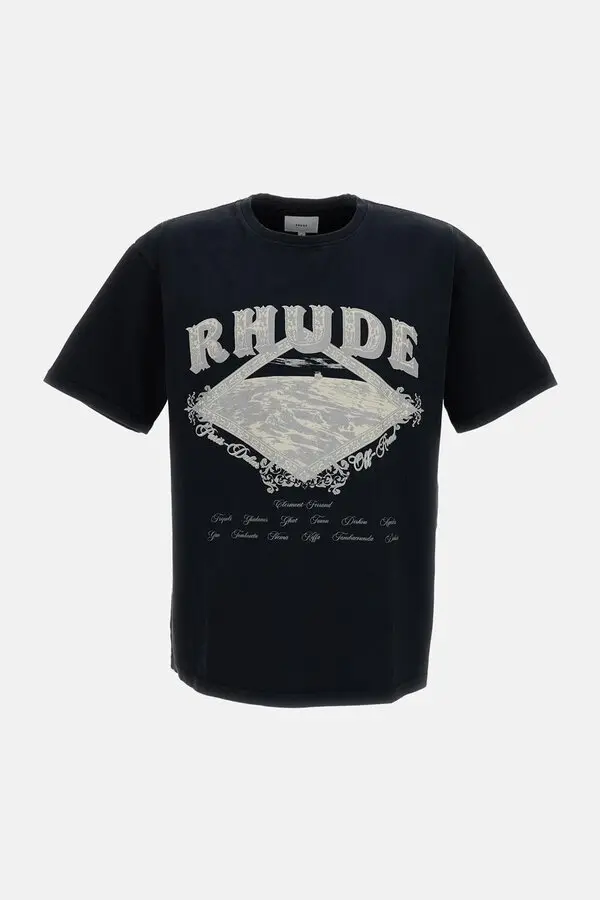 Rhude Crew Neck T-shirt With Front Print, 100% Cotton, Made In Usa - Blu