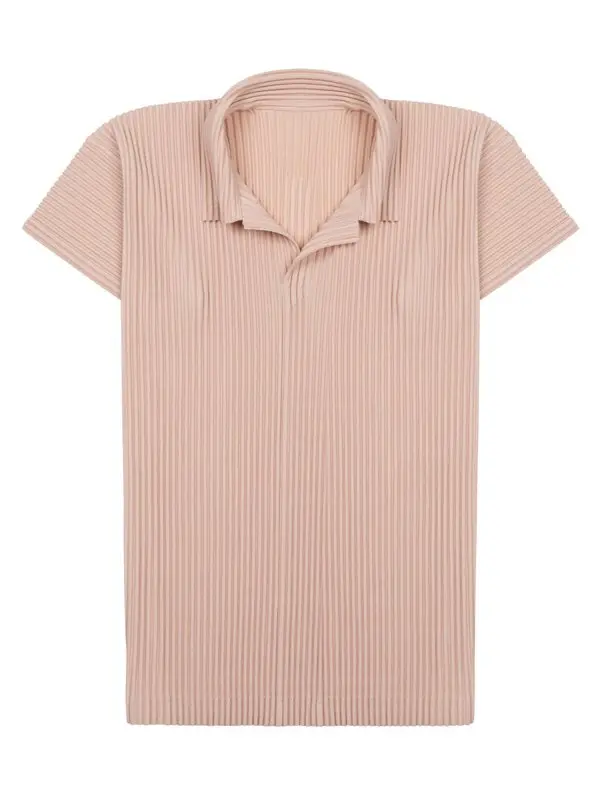 Issey Miyake Textured Pleated Polo Shirt In 100% Polyester - Pink
