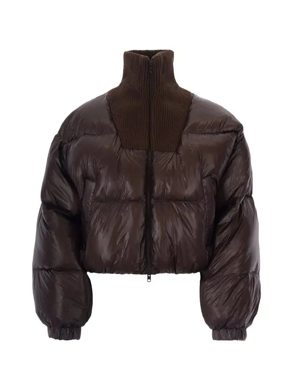 DIESEL® Ribbed Knit Funnel Neck Puffer Jacket - Marrone