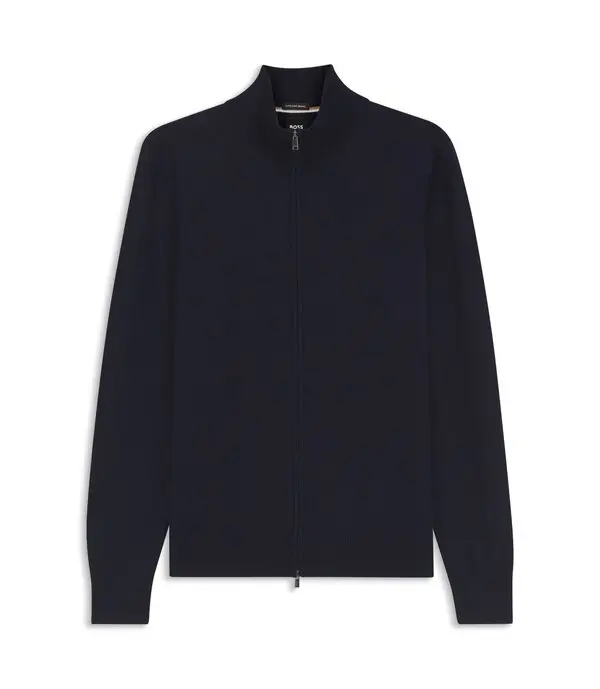 BOSS Zip-up Sweater In Merino Wool - Dark Blue