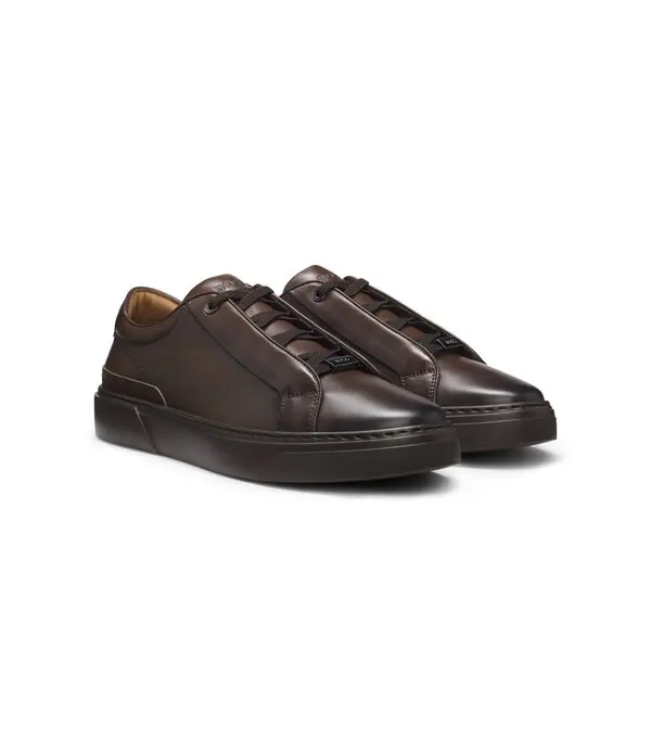 BOSS Gary Sneakers In Brushed Leather With Elastic Laces - Dark Brown