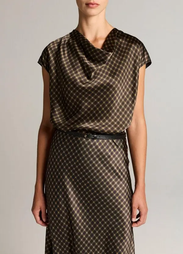 Vince Ombré Plaid Silk Satin Cowl-neck Blouse - Black/camel
