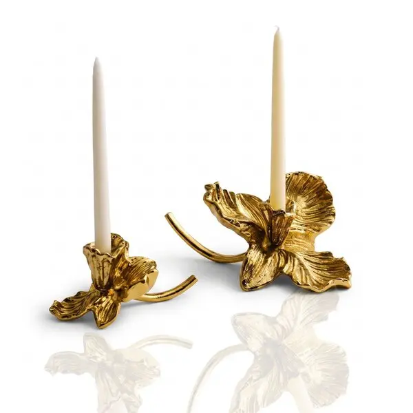 MARLETH Handcrafted Brass Magnolia Candle Holder Set - Yellow