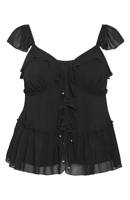 City Chic Bryn Ruffle Chiffon Peplum Top - Black