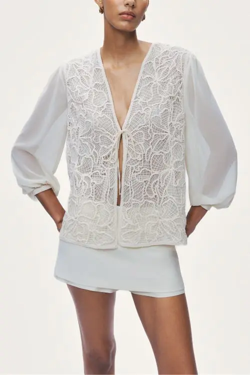 NOCTURNE Lace Front Sheer Sleeve Jacket - Ivory