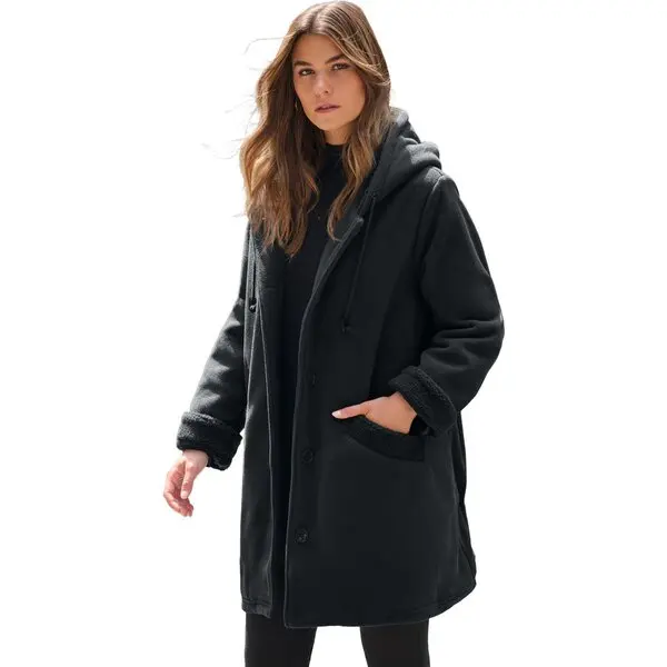 Roaman's Hooded Fleece Fleece Coat - Black