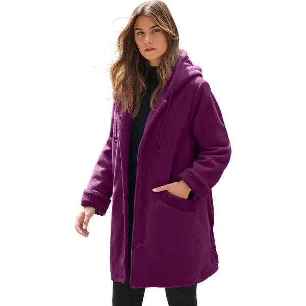 Roaman's Hooded Fleece Fleece Coat - Dark Berry