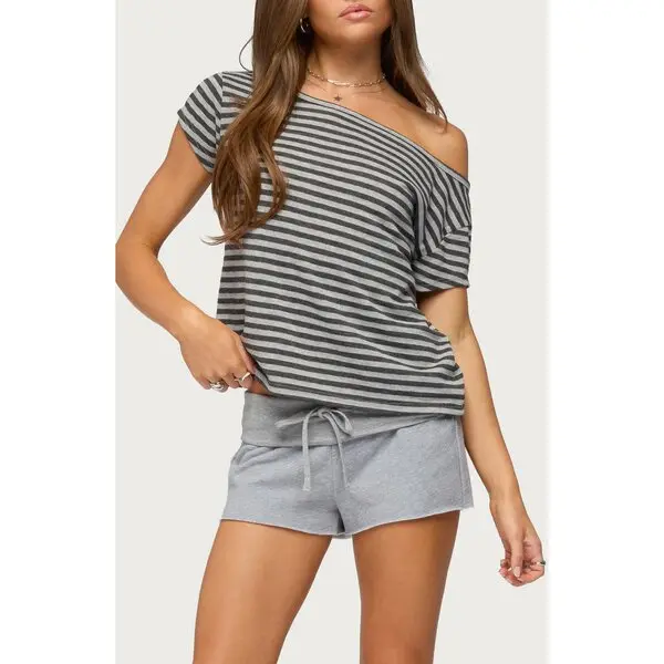 EDIKTED Chanelle Stripe One-shoulder Top - Gray-melange