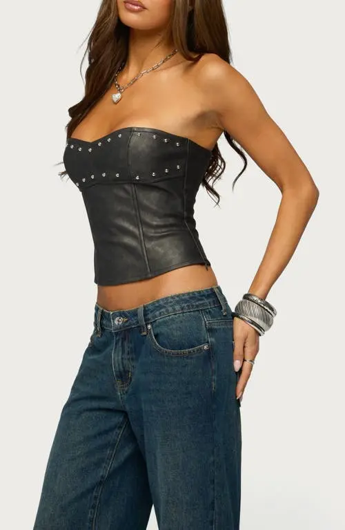 EDIKTED Izara Studded Strapless Faux Leather Corset Top