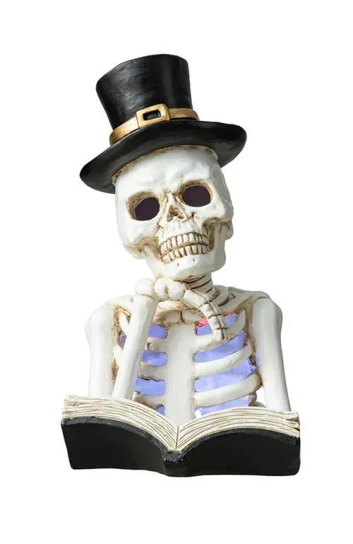 GLITZHOME 10.25"h Halloween Lighted Resin Skull Reading Book Table Decor - White
