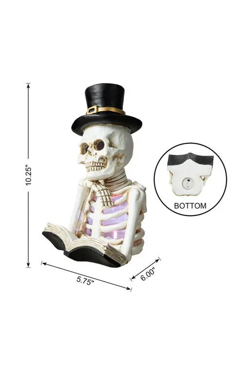 GLITZHOME 10.25"h Halloween Lighted Resin Skull Reading Book Table Decor
