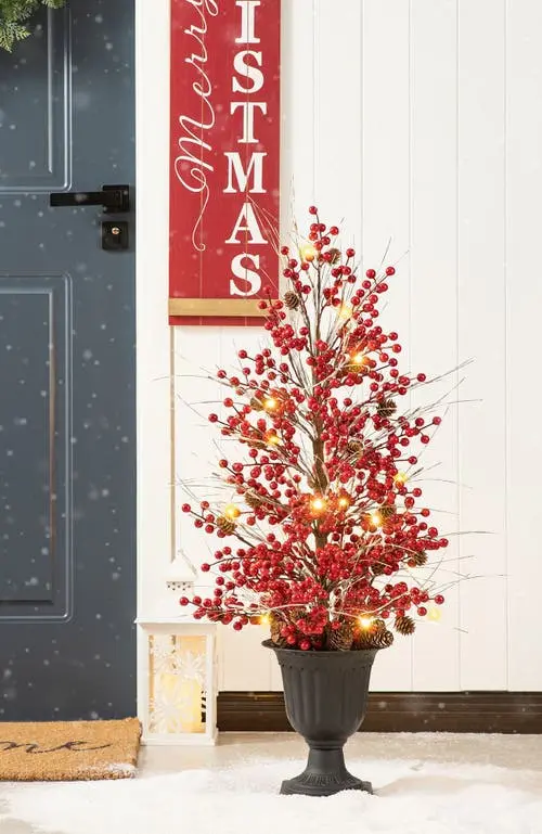 GLITZHOME 3ft Christmas Lighted Berry And Pine Cone Urn Porch Tree With Timer