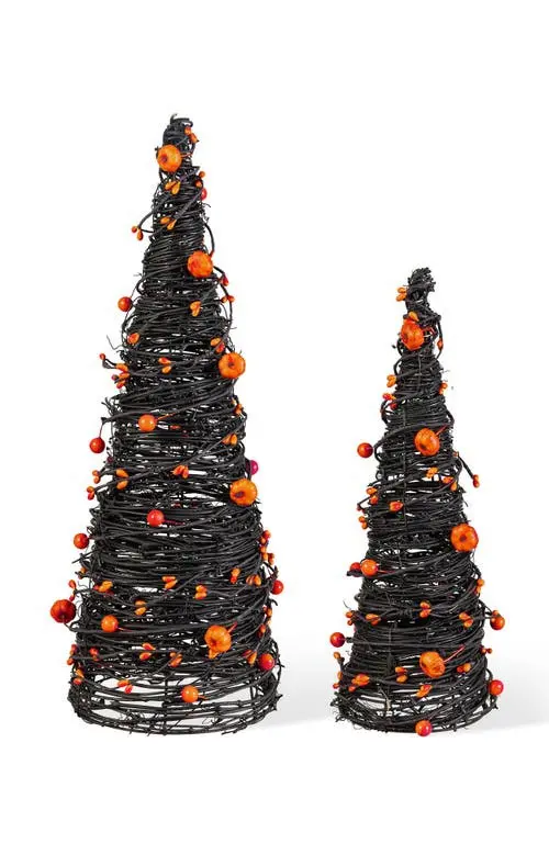 GLITZHOME Set Of 2 Halloween Eucalyptus With Bats Pumpkin Cone Table Trees - Black