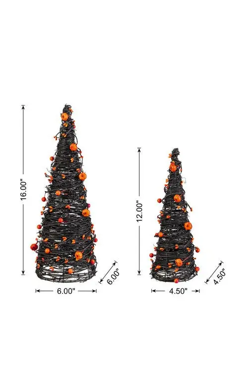 GLITZHOME Set Of 2 Halloween Eucalyptus With Bats Pumpkin Cone Table Trees
