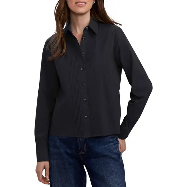 Foxcroft Jodie Pintuck Pleat Stretch Cotton Button-up Shirt - Black