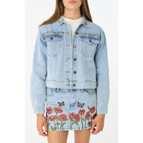 FADE OUT LOUD Studded Denim Trucker Jacket