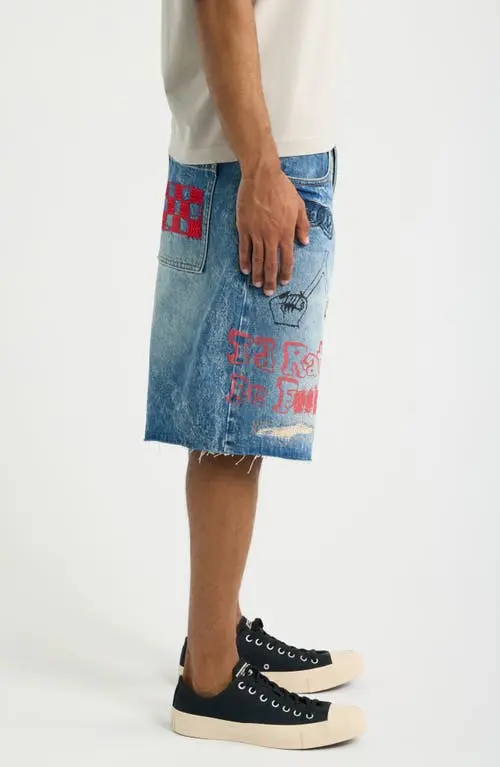 DIET STARTS MONDAY Doodle Distressed Raw Hem Denim Shorts