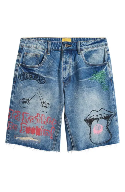 DIET STARTS MONDAY Doodle Distressed Raw Hem Denim Shorts