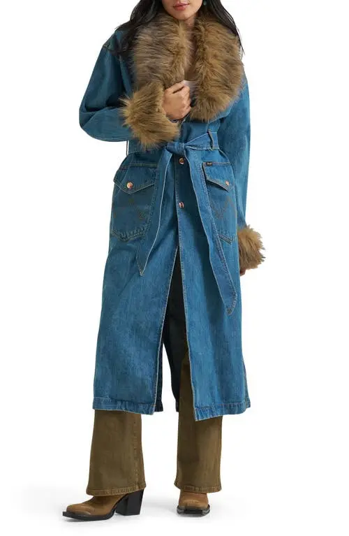 Wrangler Faux Fur Trim Coat - Denim
