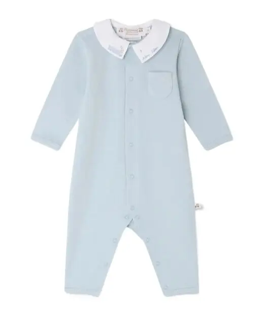 Bonpoint Anton Pyjamas With Hand Embroidered Train In Organic Cotton - Medium Blue