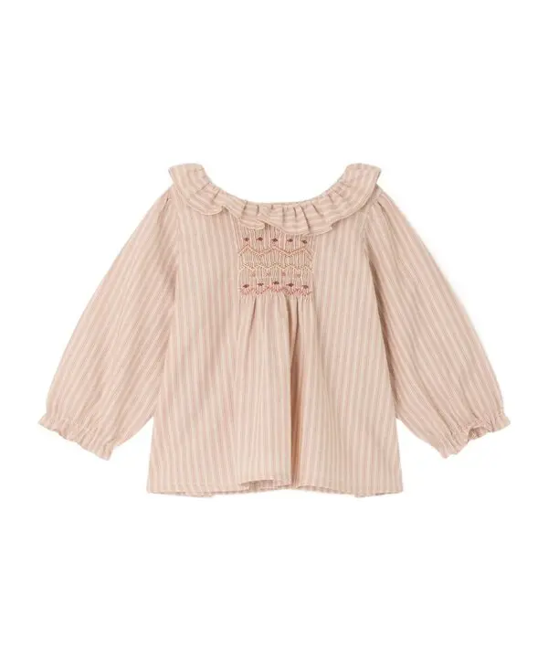 Bonpoint Mulietti Baby Striped Blouse With Smocked And Hand-embroidered In Organic Cotton - Off-white Stripe