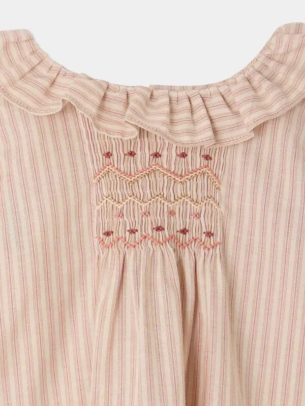 Bonpoint Organic Cotton Striped Blouse With Smocked Embroidery - Off-white Stripe