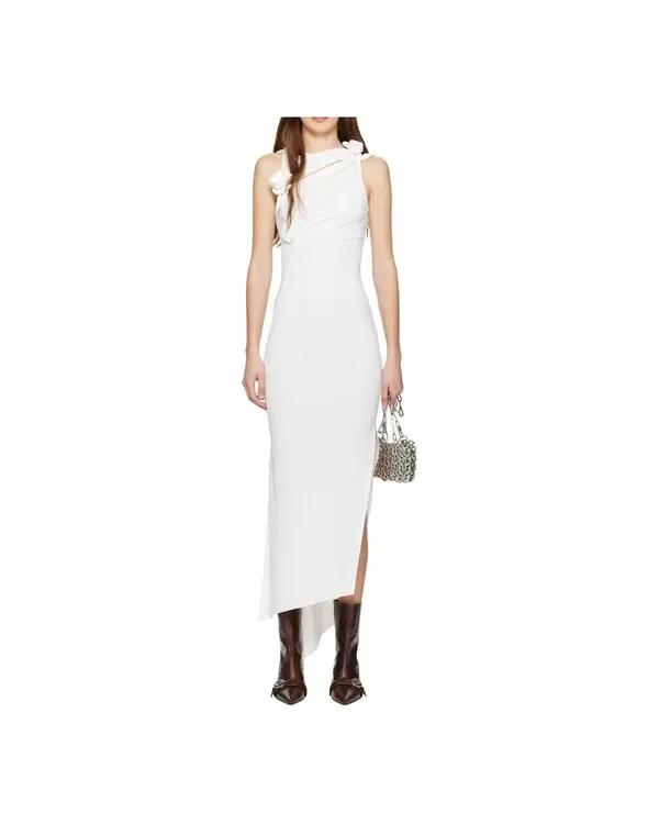 Coperni Sleeveless Midi Dress With Floral Appliqués And Asymmetrical Hem - White