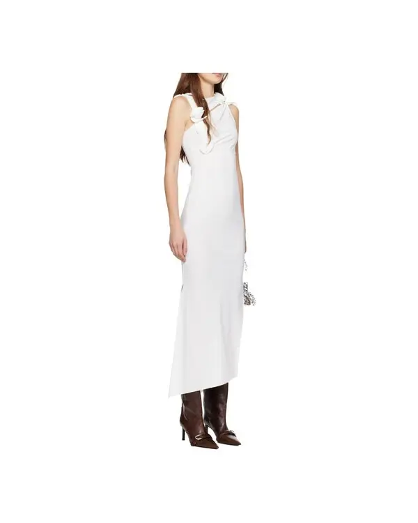 Coperni Sleeveless Midi Dress With Floral Appliqués And Asymmetrical Hem - White