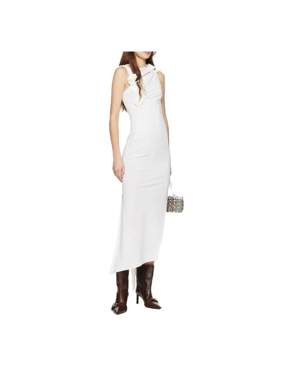 Coperni Sleeveless Midi Dress With Floral Appliqués And Asymmetrical Hem - White