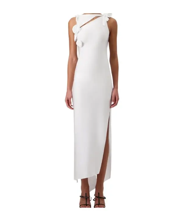 Coperni Sleeveless Midi Dress With Floral Appliqués And Asymmetrical Hem - White