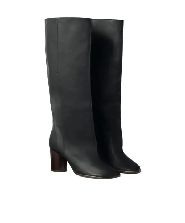 LEMAIRE Knee High Glossed Leather Boots With Stacked Heel