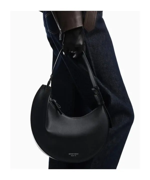 Emporio Armani Adjustable Zippered Hobo Shoulder Bag - Black