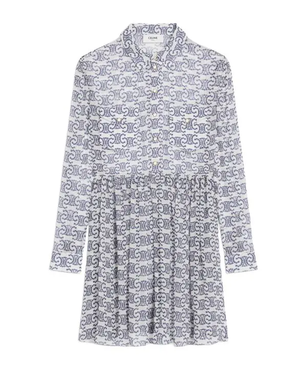 Celine Mini Shirt Dress In Silk Crepon - Cream/indigo
