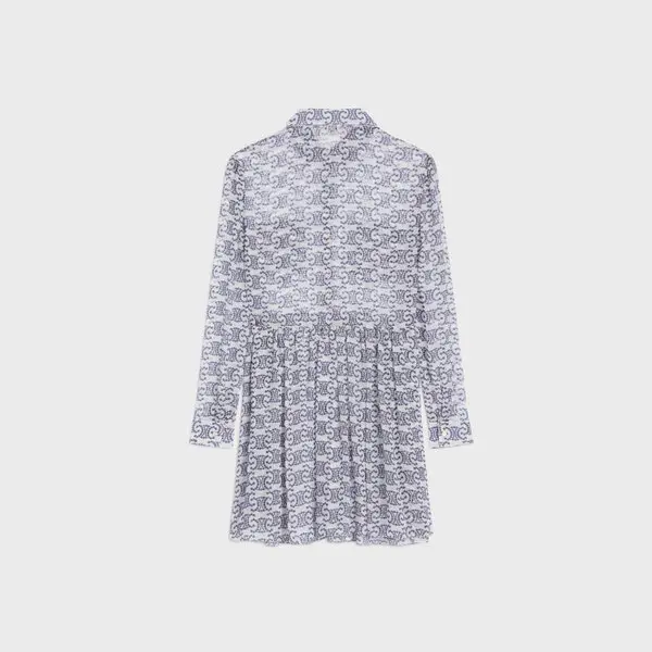 Celine Mini Shirt Dress In Silk Crepon - Cream/indigo