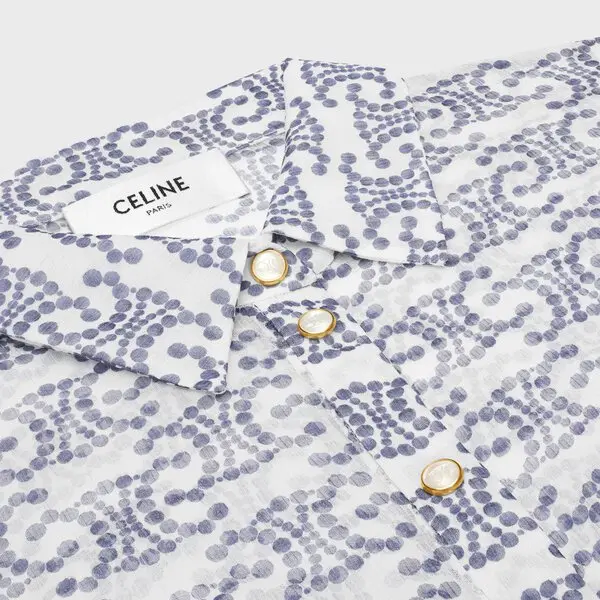 Celine Mini Shirt Dress In Silk Crepon - Cream/indigo