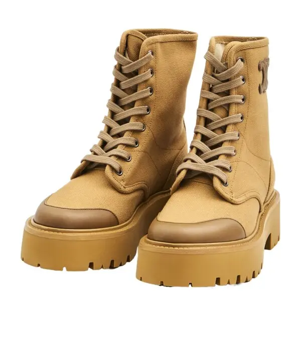 Celine Bulky Lace-up Canvas Calfskin Boots