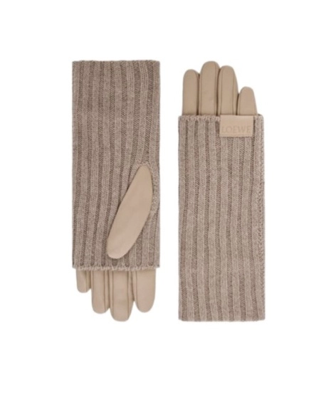 Loewe Ribbed Gloves With Leather Trim And Thumb Cutout - Sand