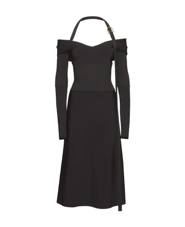 FERRAGAMO Off-shoulder Long-sleeved Midi Dress - Black