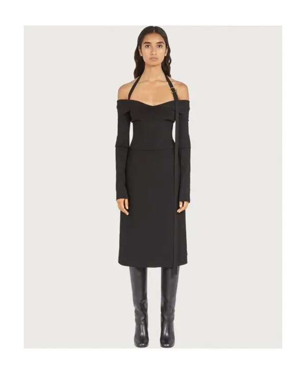 FERRAGAMO Off-shoulder Long-sleeved Midi Dress
